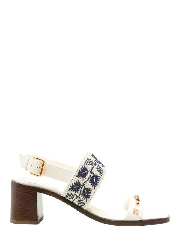 Valentino Garavani White Leather Embroidered Strap Rockstud Block Heel Sandals - Neutrals