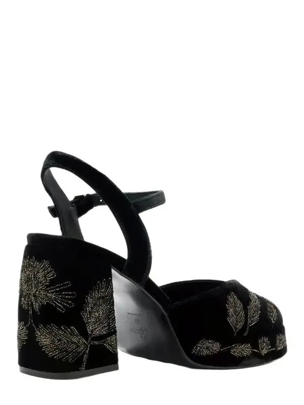 CastaÑer Embroidered Velvet Platform Block Heel Pumps - Black