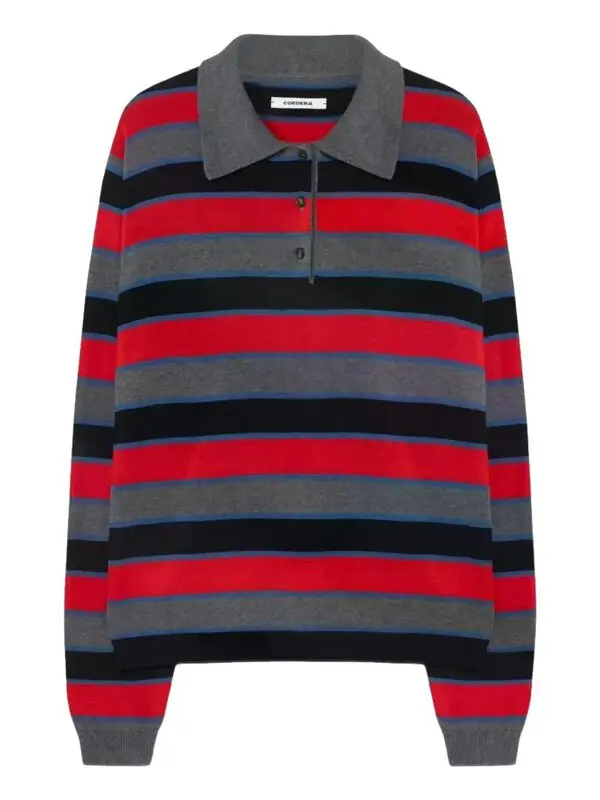 CORDERA Striped Long-sleeve Polo Top - Red