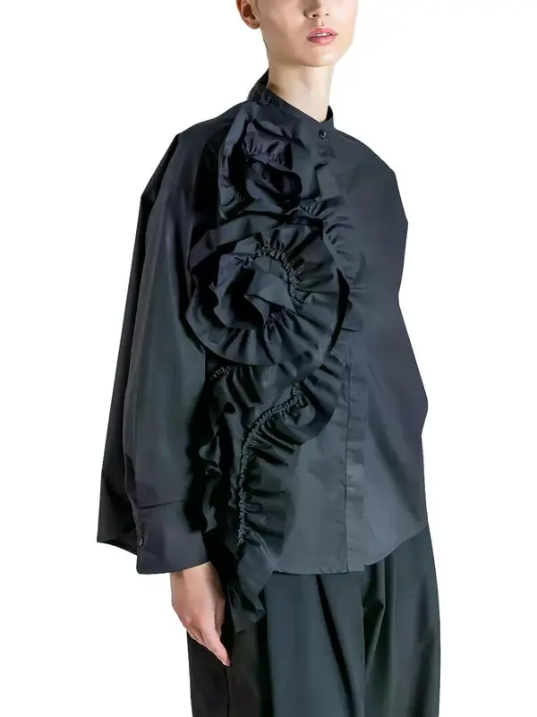 PSOPHIA Ruffle-trimmed Cotton Shirt With Mandarin Collar - Black