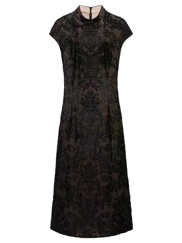 Shanghai Tang Embroidered Mandarin Collar Midi Dress - Black