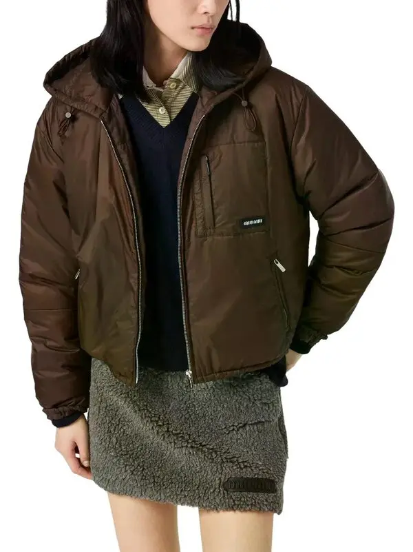 Miu Miu Cropped Ripstop Down Jacket With Hood - Brown
