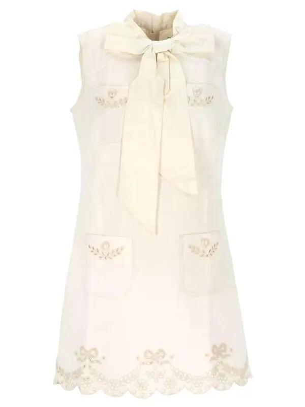 SELF-PORTRAIT Bow Detail Broderie-anglaise Mini Dress - Neutrals