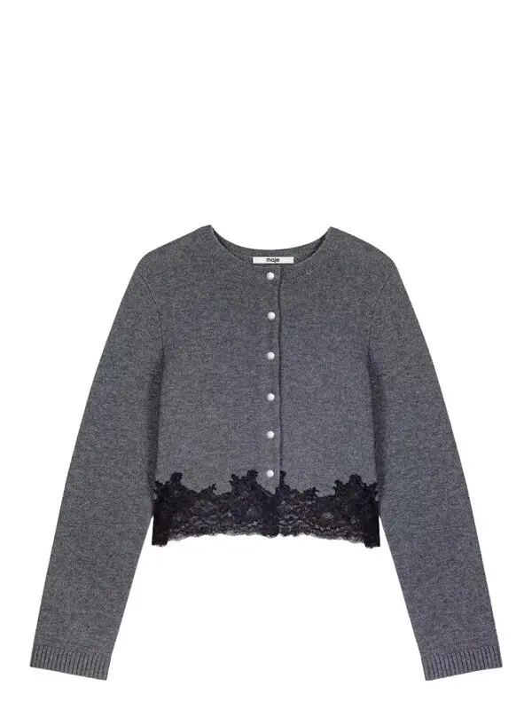Maje Wool Cardigan And Tank Top Set With Lace Trim - Grey