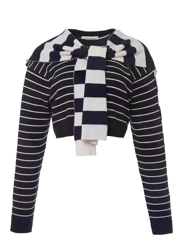 Monse Striped Cropped Sweater With Integrated Scarf - Blue