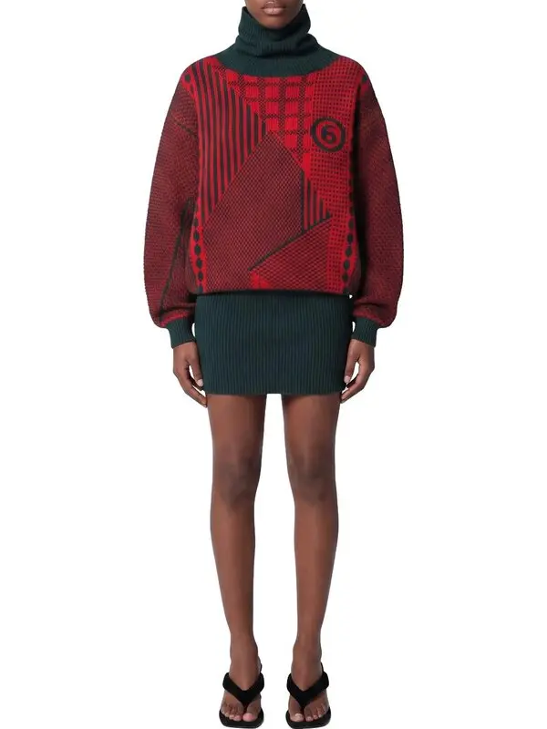 MAISON MARGIELA Jacquard Logo Wool-blend Knit Turtleneck Mini Dress - Red
