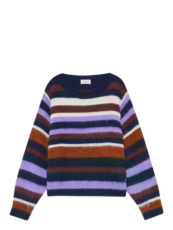 OTTOD'AME Striped Brushed Finish Crew Neck Long Sleeve Sweater - Blue