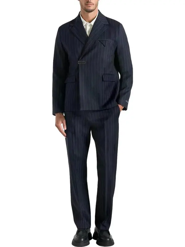 Manière De Voir Gaston In Navy Double Breasted Clasp Detail Wool-blend Pinstripe Suit Blazer - Blue