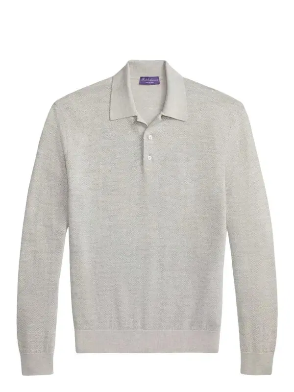 Ralph Lauren Purple Label Herringbone Knit Polo Sweater - Grey