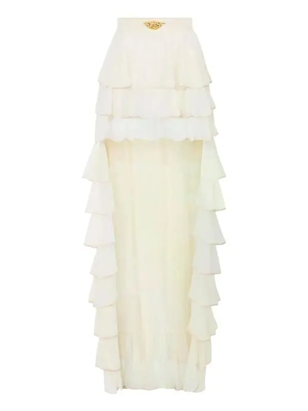 Elisabetta Franchi Georgette Skirt With Ruffles And Feather Brooch - Neutrals