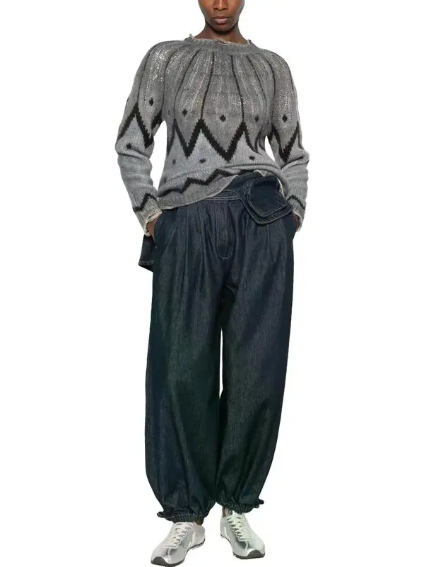 VIRGINIA BIZZI Intarsia Knit Crew Neck Sweater - Grey