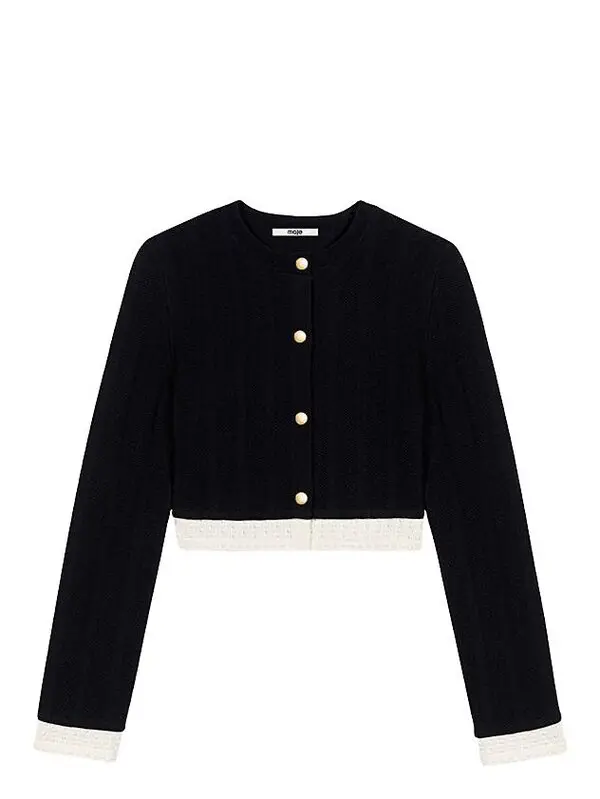 Maje Cropped Pointelle Knit Cardigan With Metallic Buttons - Black