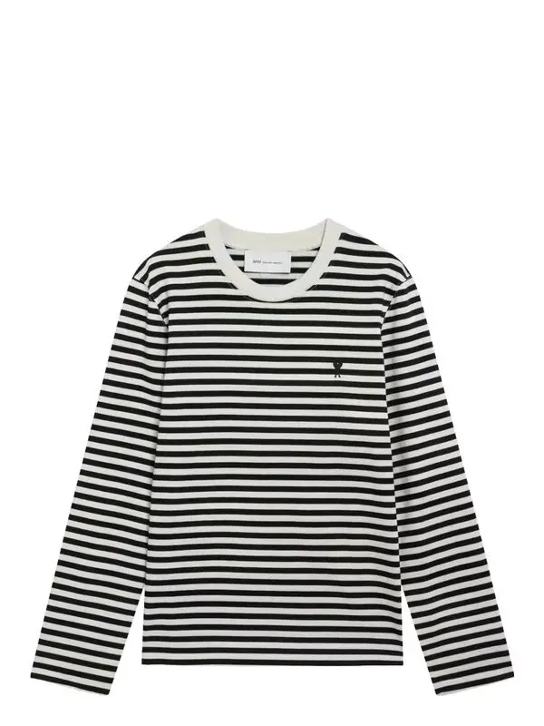 AMI Paris Black And White Striped Cotton T-shirt With De Coeur Embroidery - Neutrals
