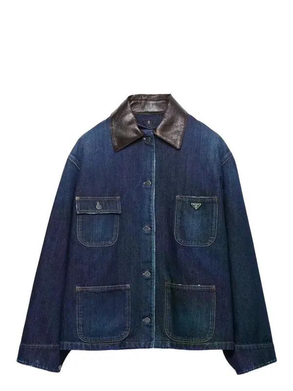 Prada Denim Trucker Jacket With Leather Collar - Blue