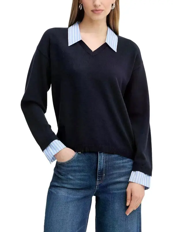 MORGAN V-neck Sweater With Striped Collar Detail - Blue