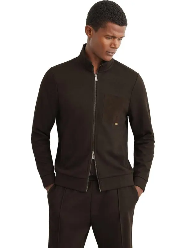 REISS Zip-through Herringbone Shirt Jacket - Dark Brown