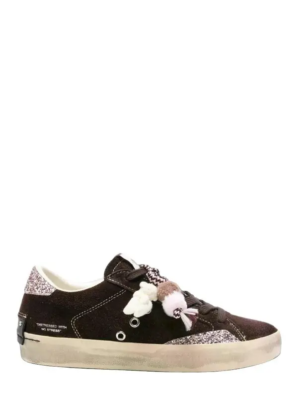 CRIME LONDON Distressed Glitter-panel Lace-up Sneakers - Brown