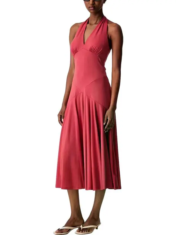 Michael Kors Stretch Matte Jersey Halter Midi Dress - Red