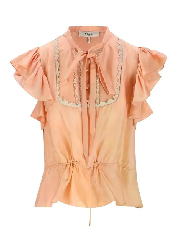 Chloé Lace Trim Ruffled Silk Blouse - Pink