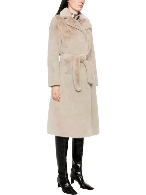 DUNO Belted Shearling-effect Coat - Neutrals