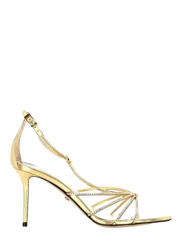 Mach & Mach Crystal Embellished Metallic Leather Sandals - Gold