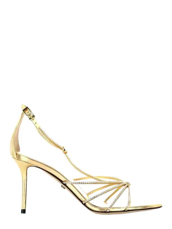 Mach & Mach Crystal Embellished Metallic Leather Sandals - Gold