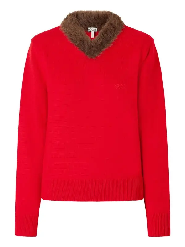 Loewe Plush-trimmed Ribbed Wool V-neck Sweater - Red