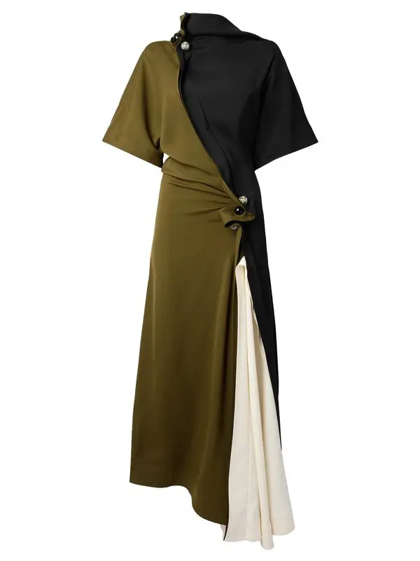 Bottega Veneta Draped Asymmetric Colour-block Satin Midi Dress - Green