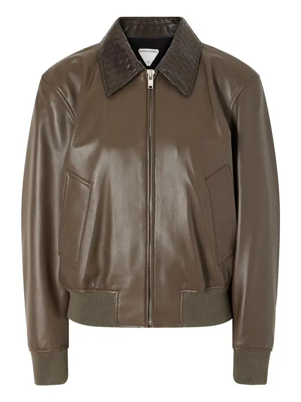 Bottega Veneta Leather Bomber Jacket With Intrecciato Trim - Green