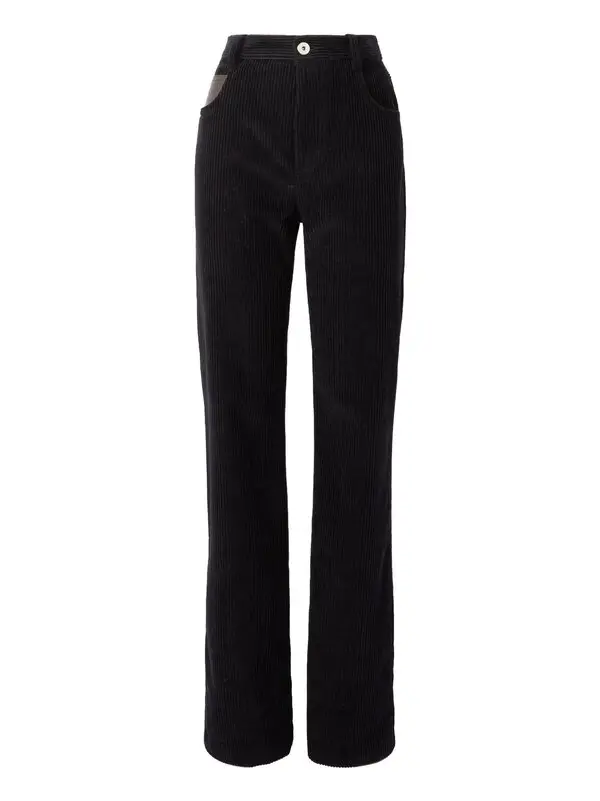 Bottega Veneta Straight-leg Cotton-corduroy Trousers With Leather Trim - Blue