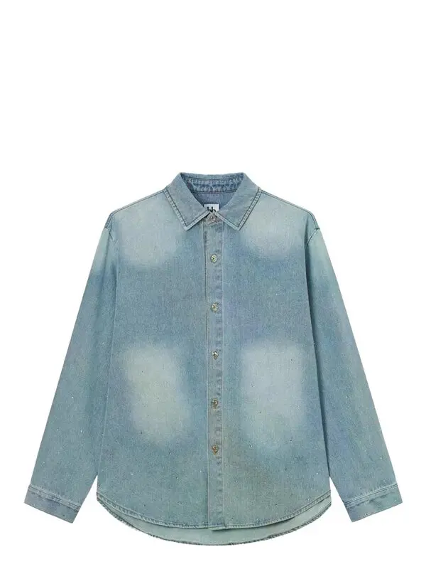 B+AB Crystal Embellished Washed Denim Shirt - Blue