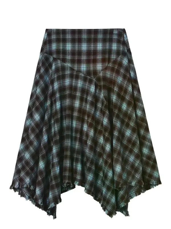 TOUT A COUP Handkerchief Hem Plaid Midi Skirt - Blue