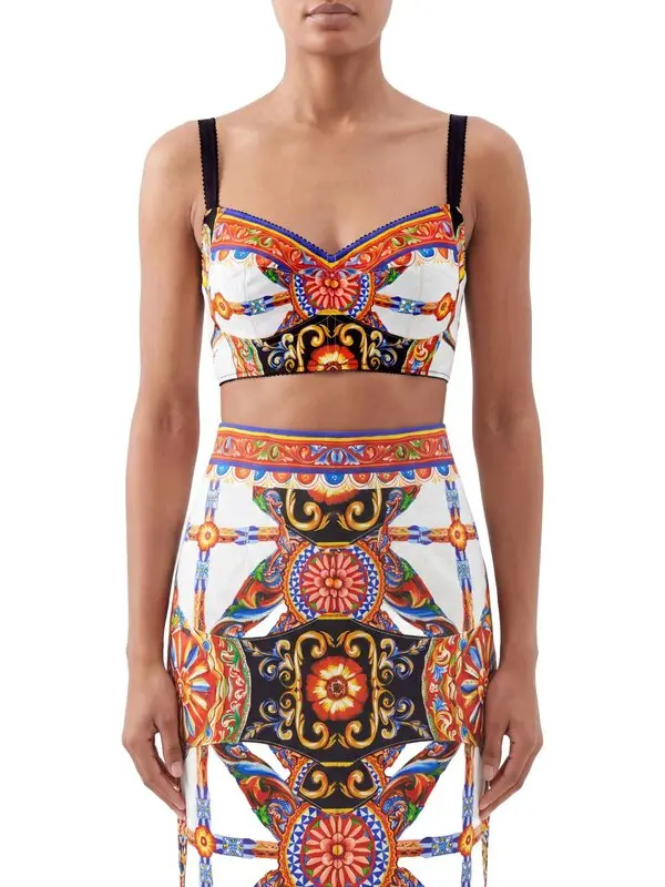 Dolce & Gabbana Cropped Bustier With Carretto Siciliano Print - Multicolor