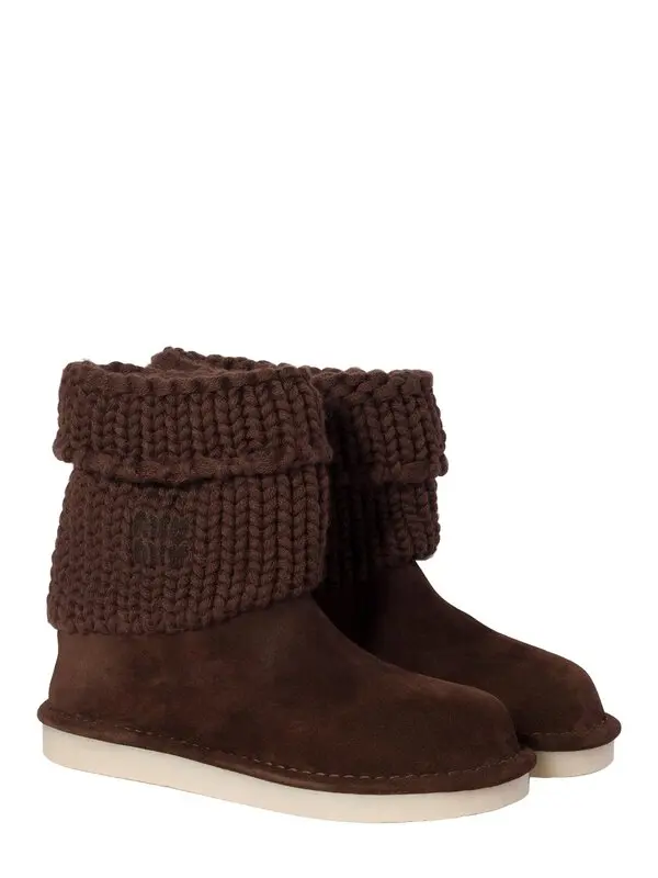 Miu Miu Suede And Knit Ankle Boots - Dark Brown