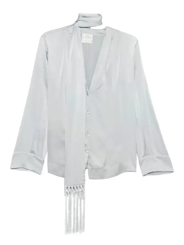 FORTE_FORTE Tie-neck Shirt With Fringe Trim - Grey