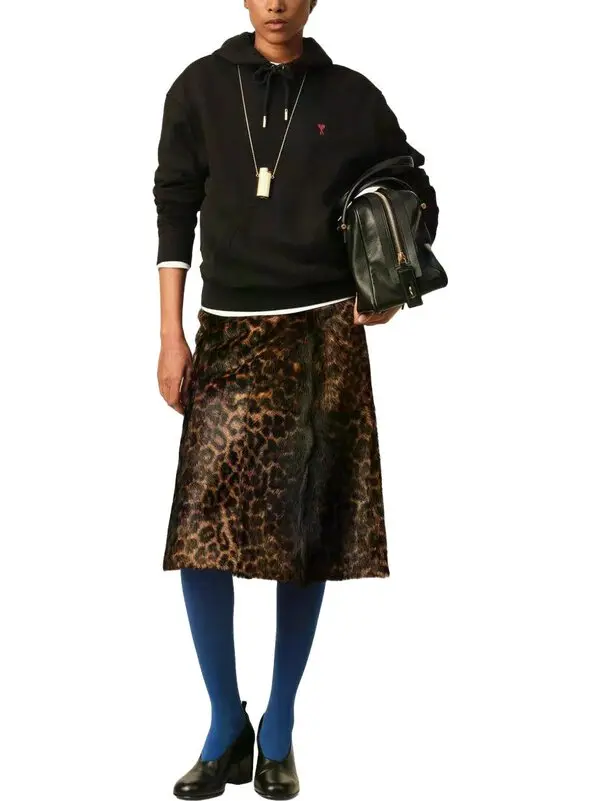 AMI Paris Leopard Print Leather Midi Skirt - Brown
