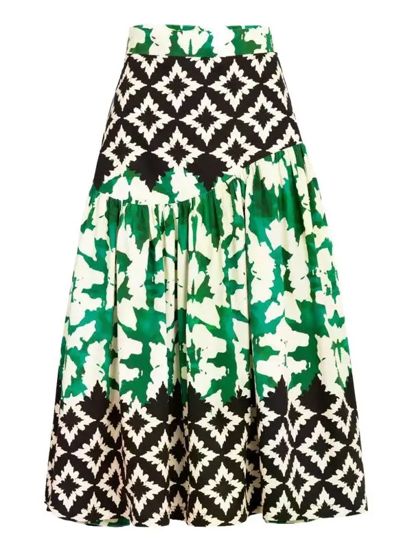 Silvia Tcherassi Emerald Geometric Print A-line Midi Skirt - Green