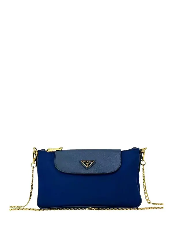 Prada Saffiano Trimmed Tessuto Chain Crossbody Bag - Blue