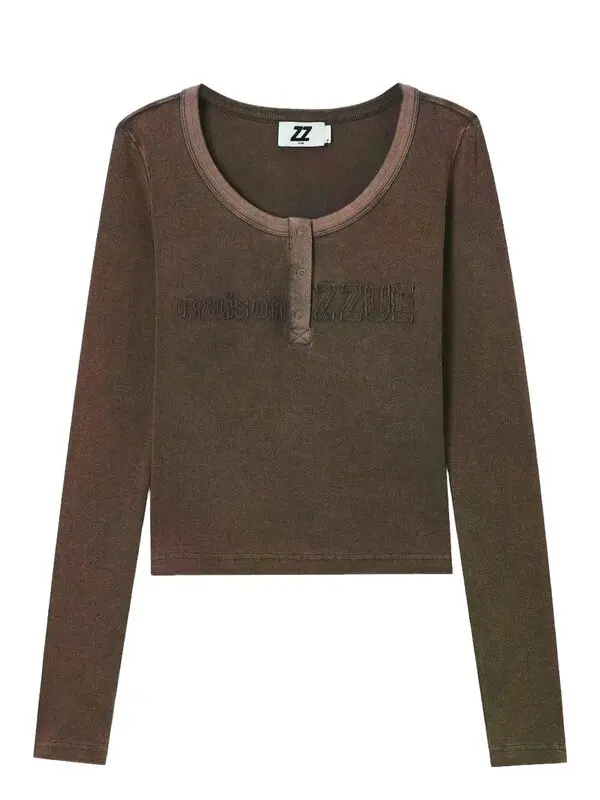 Izzue Embroidered Long-sleeve Henley Top - Brown