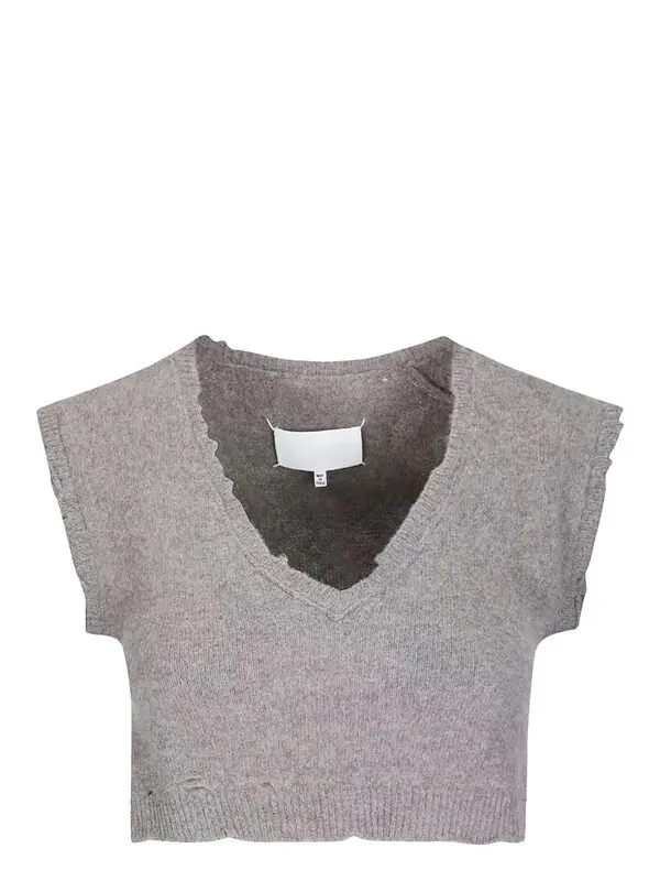 MAISON MARGIELA Distressed Knit V-neck Sleeveless Cropped Top - Grey
