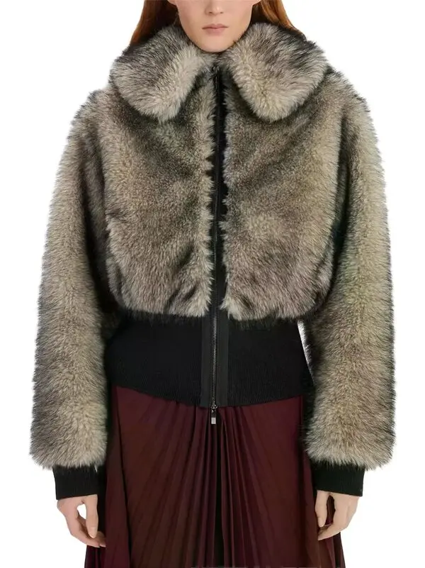 High Faux-fur Cropped Jacket With Spread Collar - Grey