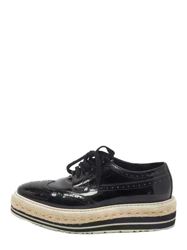 Prada Glossy Patent Leather Brogue Espadrille Platform Shoes - Black