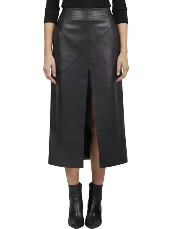 Dodo Bar Or Leather Midi Skirt With Front Slit - Black