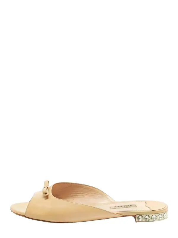 Miu Miu Patent Leather Bow Detail Embellished Heel Sandals - Neutrals