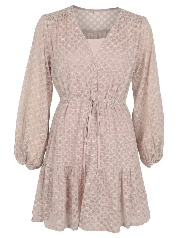 MODENAIRE Polka Dot Embroidered Lace V-neck Tie Waist Dress - Pink
