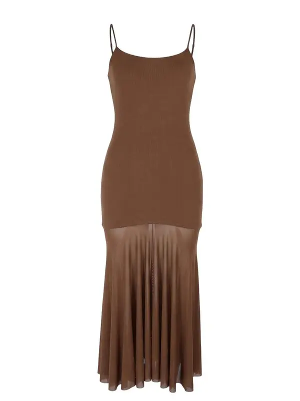 MODENAIRE Sheer Mesh Spaghetti Strap Maxi Dress - Brown
