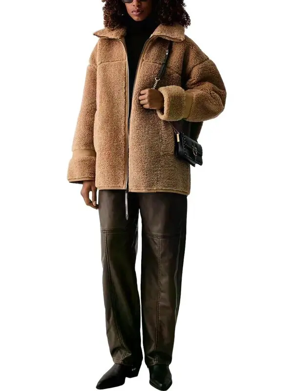 Pinko Shearling-effect Pea Coat With High Neck - Neutrals