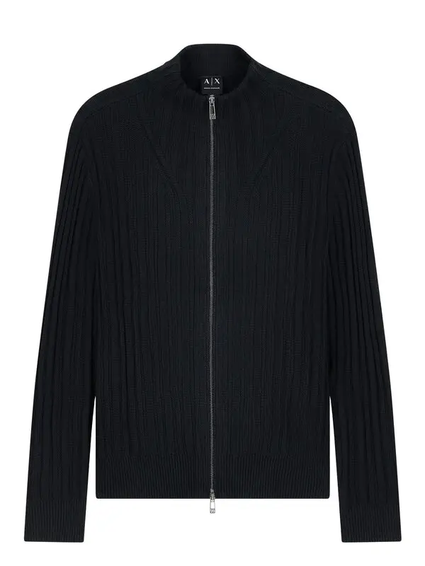 Armani Exchange Regular Fit Zip-up Cardigan In Wool And Cotton Blend - Black