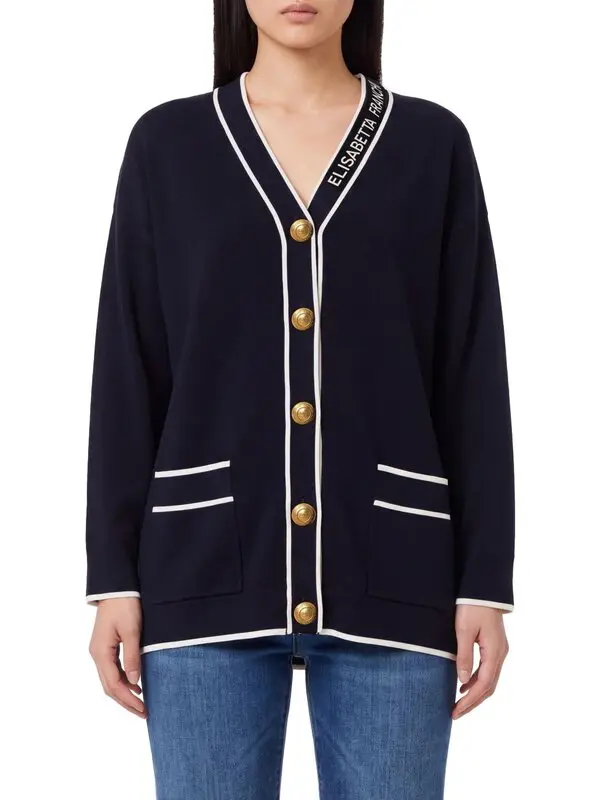 Elisabetta Franchi Virgin Wool Cardigan With Contrast Trims And Logo - Black