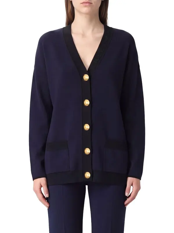 Elisabetta Franchi Virgin Wool Cardigan With Contrast Trims And Logo - Blue